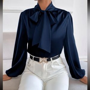 Tops | Luxe Tie Neck Satin Work Blouse | Poshmark
